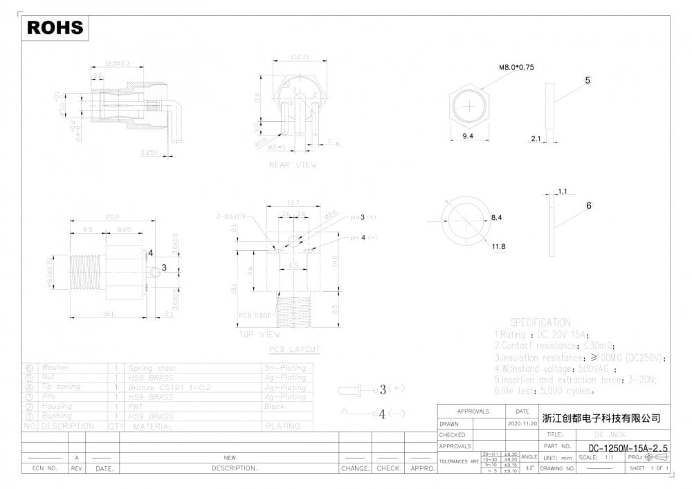 CAX DC-1250M-15A-2.5 technical documentation page