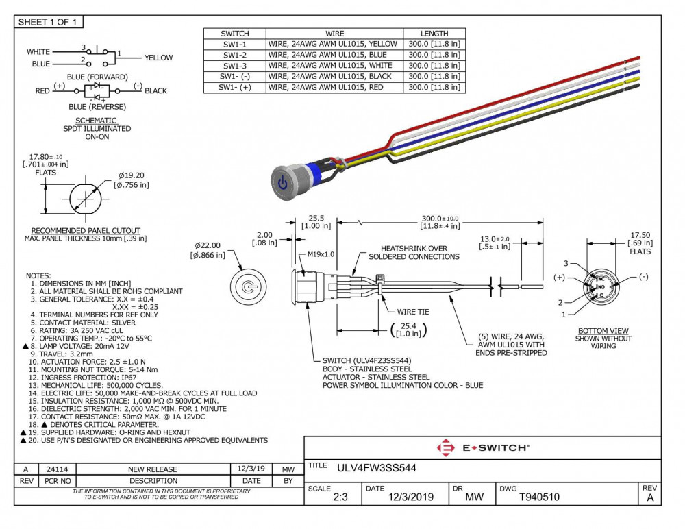 E-Switch ULV4FW3SS544 technical drawing