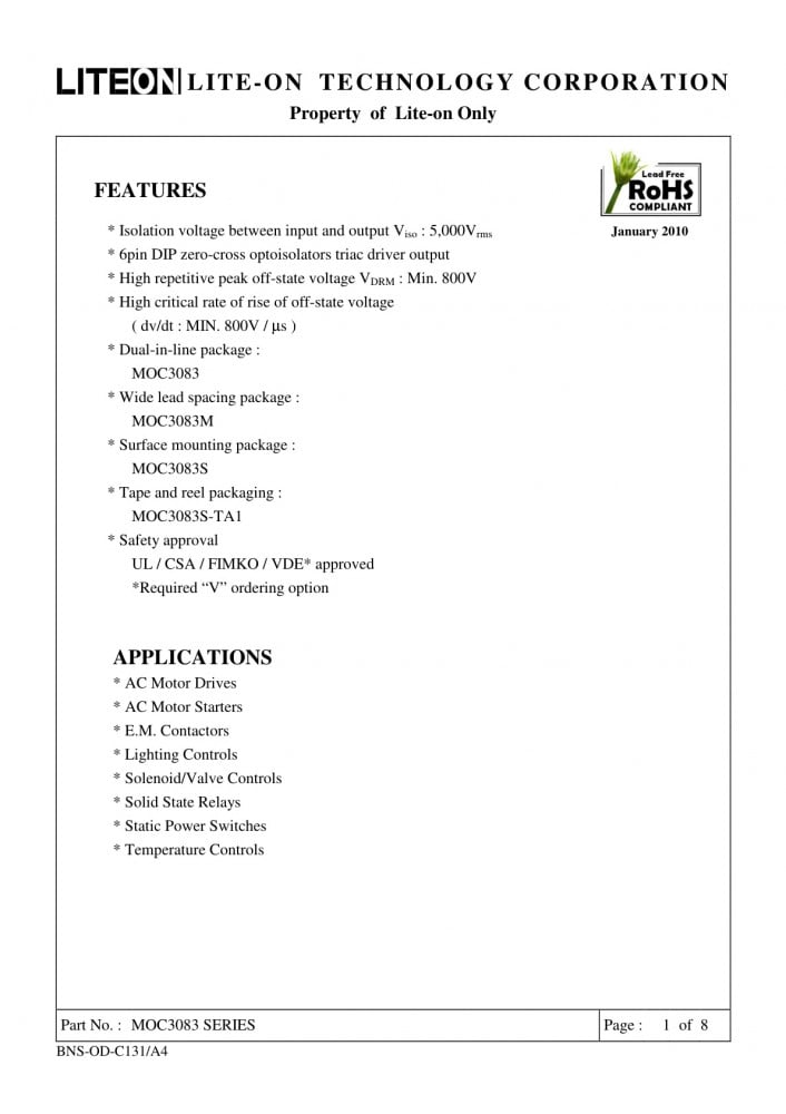 MOC3083 series datasheet page 1