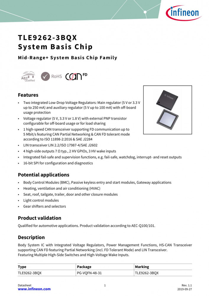 TLE9262-3BQX datasheet page 1