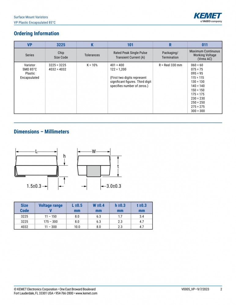 KEMET VP series technical document page 2