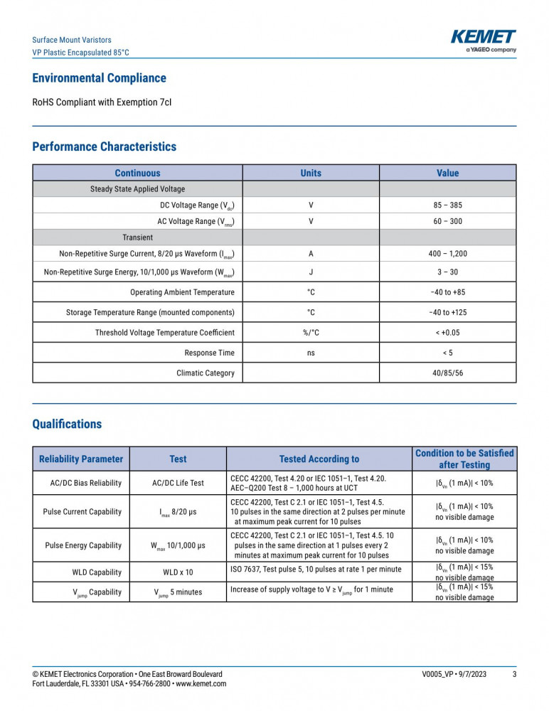 KEMET VP series technical document page 3