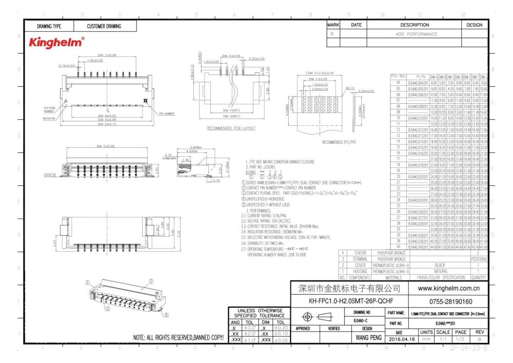 KH-FPC1.0-H2.0SMT-26P-QCHF technical drawing preview