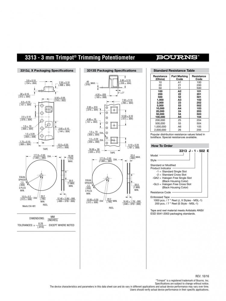 BOURNS 3313 series packaging and ordering information