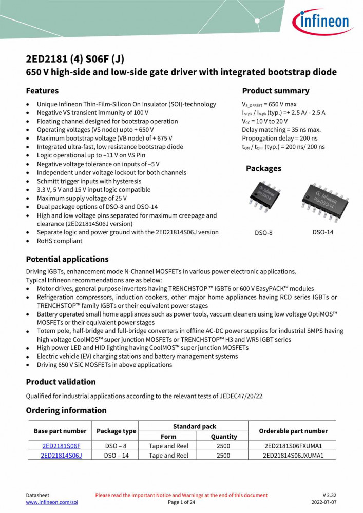 Infineon 2ED2181S06FXUMA1 datasheet page 1