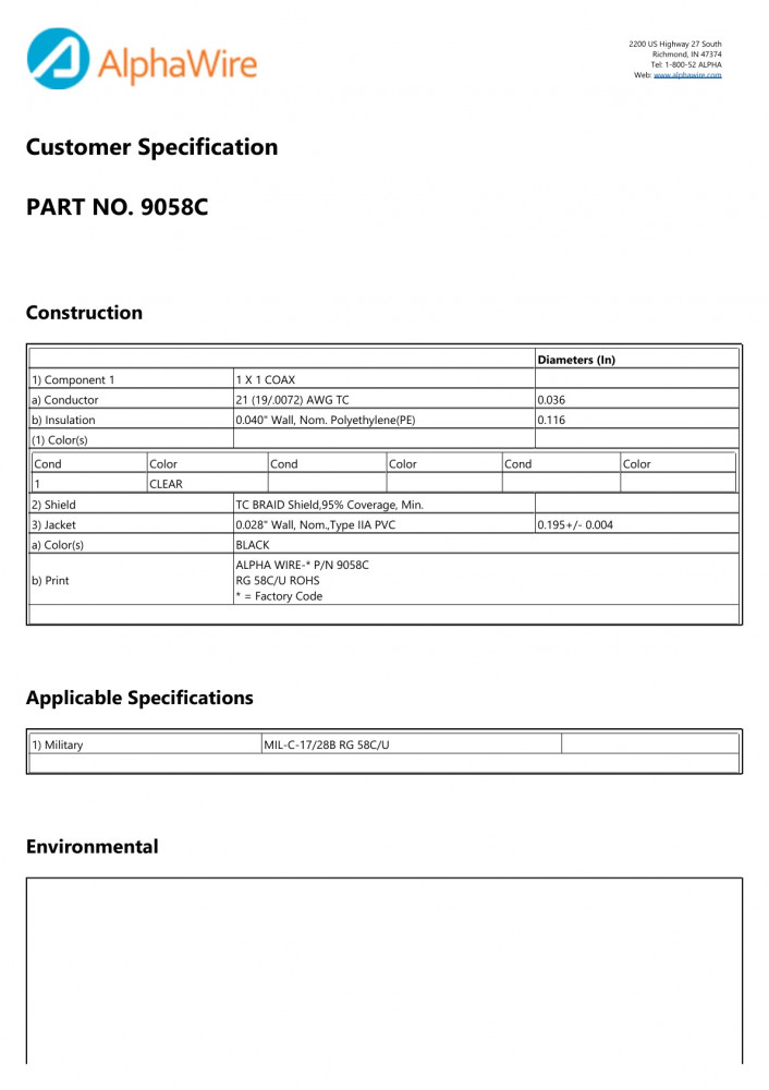Alpha Wire 9058C technical document page 1