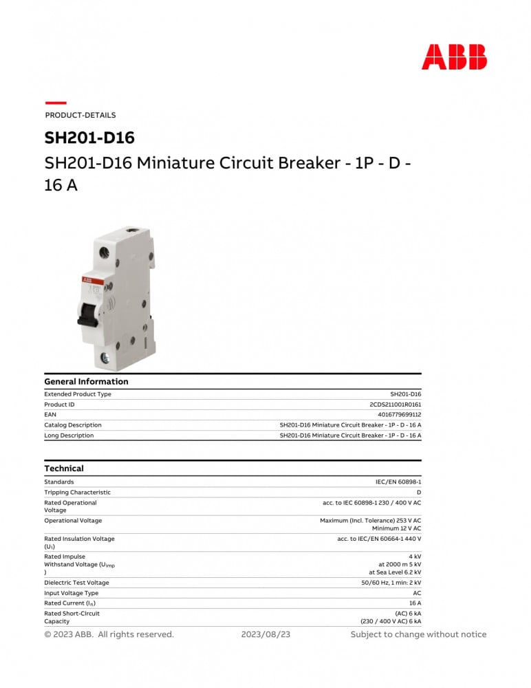 SH201-D16 technical document page 1