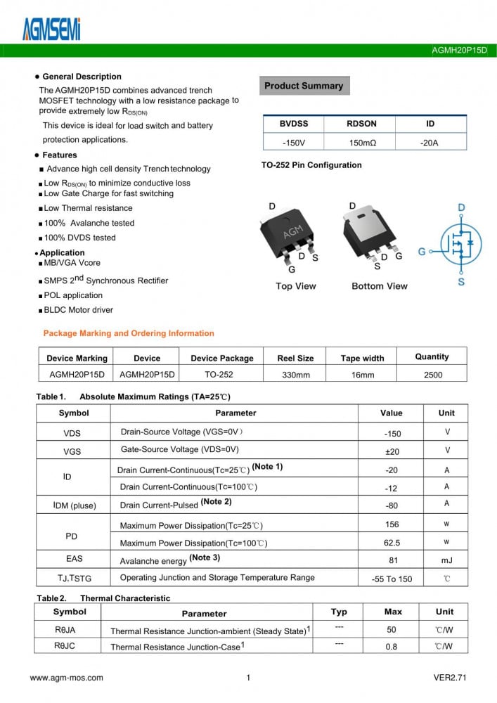 AGMH20P15D datasheet page 1