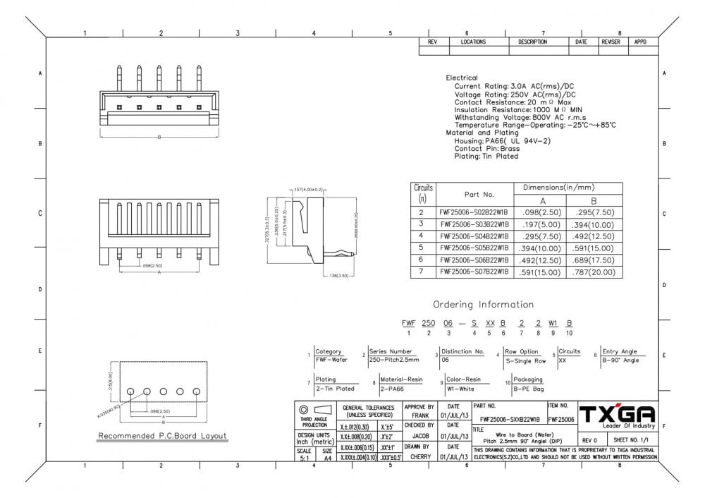 TXGA FWF25006-S07B22W1B technical drawing