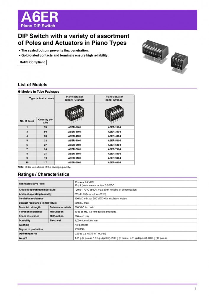 OMRON A6ER DIP switch product documentation page 1