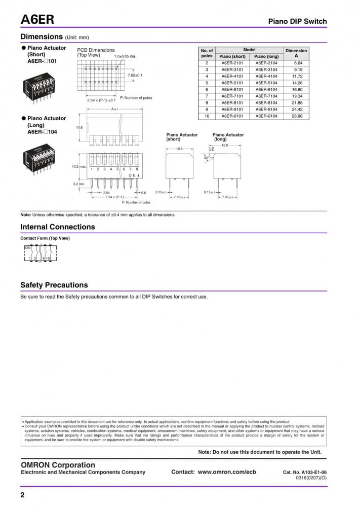 OMRON A6ER DIP switch product documentation page 2