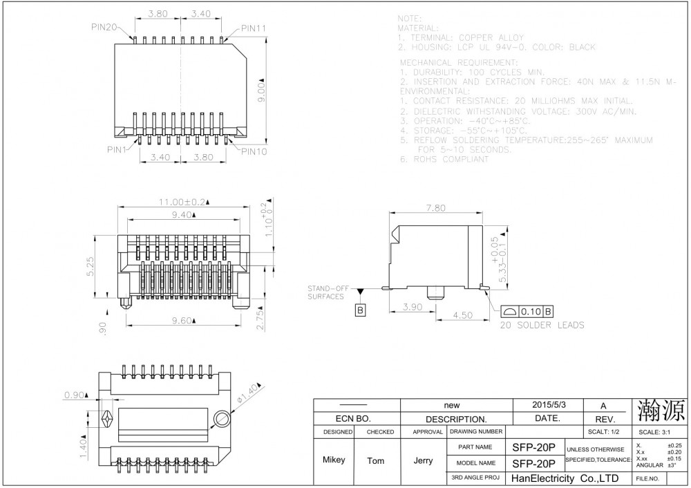 SFP-20P specification and mechanical drawing