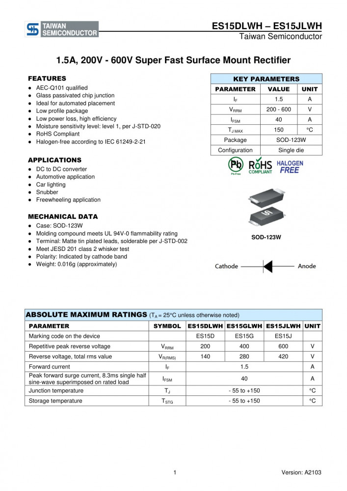 ES15JLWH technical document page 1