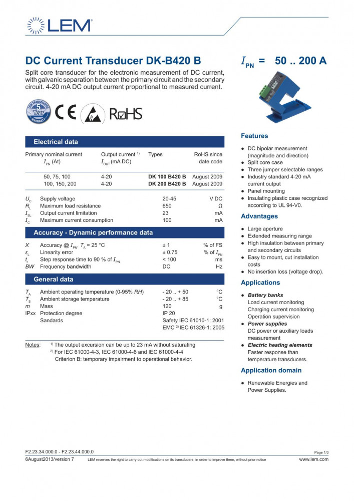 LEM DK 200 B420 B datasheet page 1