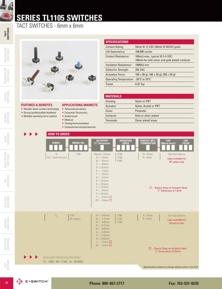 E-Switch TL1105 datasheet page 1