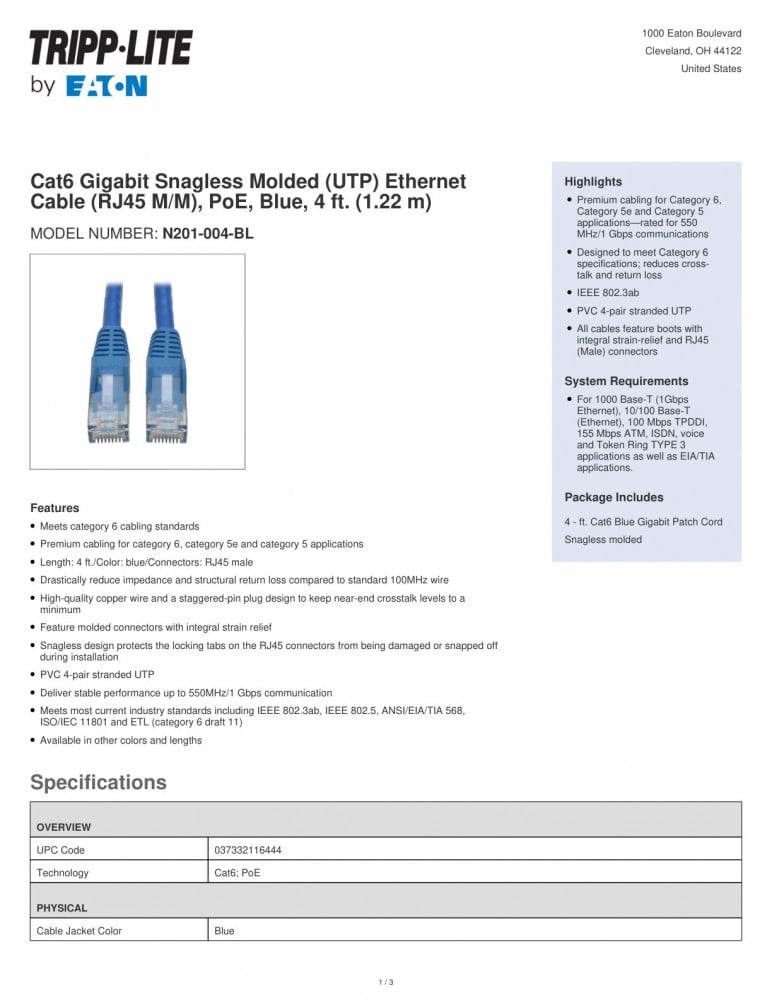 EATON N201-004-BL technical document page 1