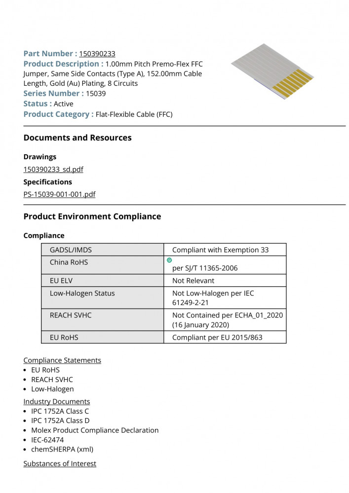 Molex 1.00 mm pitch FFC family specification, page 1