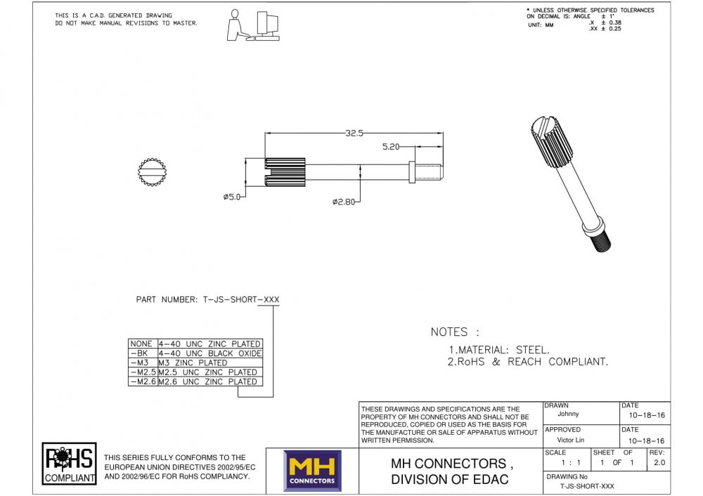 MH CONNECTORS T-JS-SHORT-M2.6 technical drawing preview