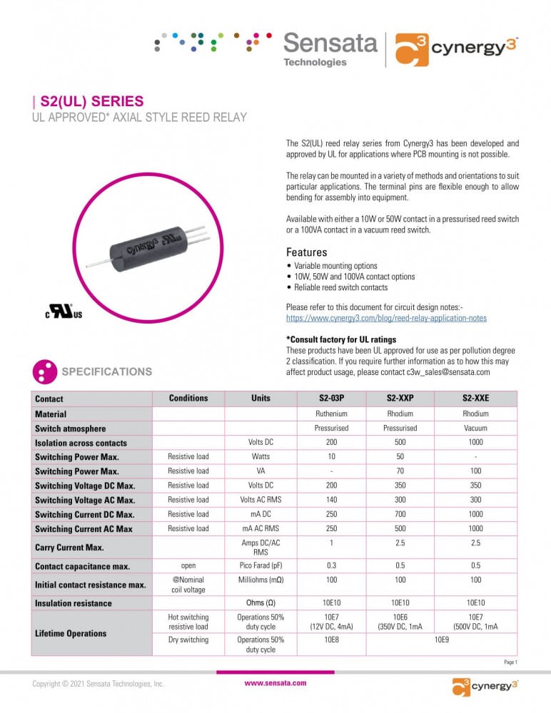 S2(UL) Series technical specification page