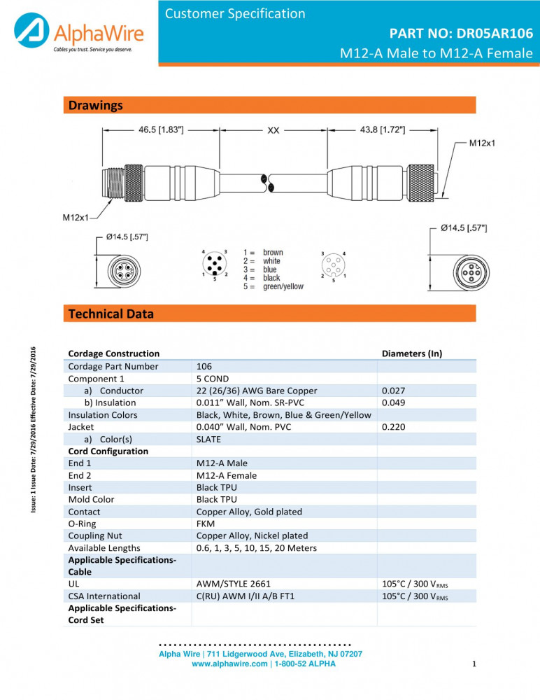 Alpha Wire DR05AR106 SL401 technical drawing page 1