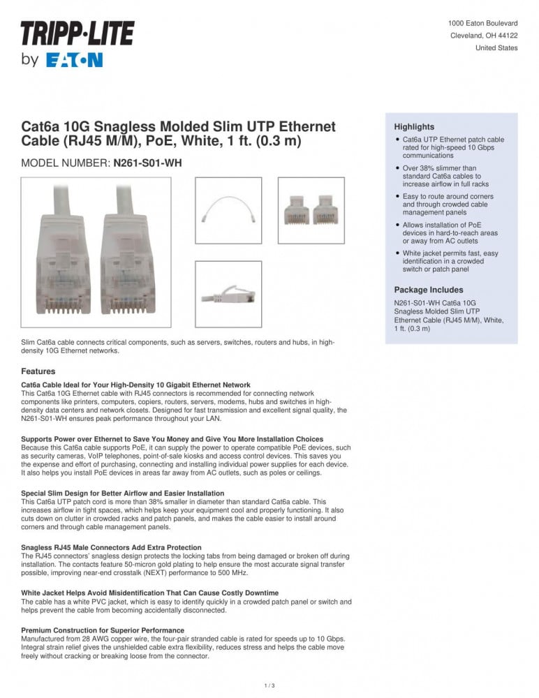 N261-S01-WH technical document page 1
