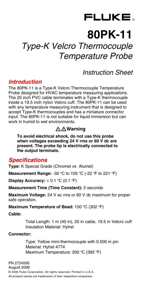 FLUKE 80PK-11 instruction sheet page 1