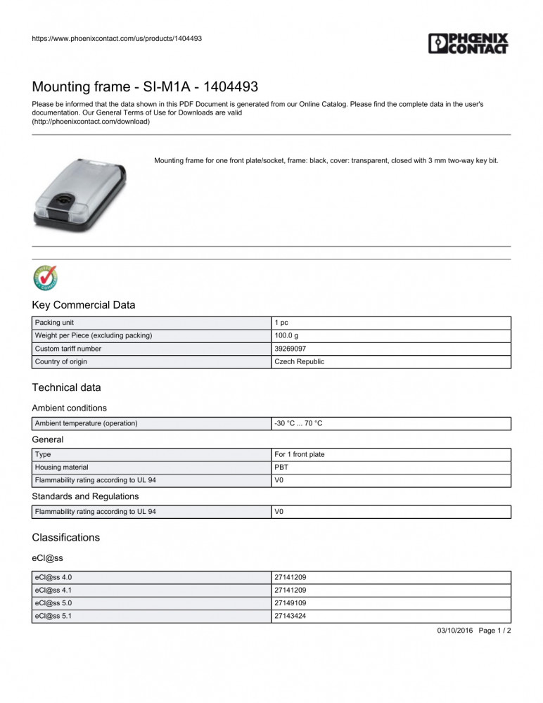 Phoenix Contact SI-M1A 1404493 product document