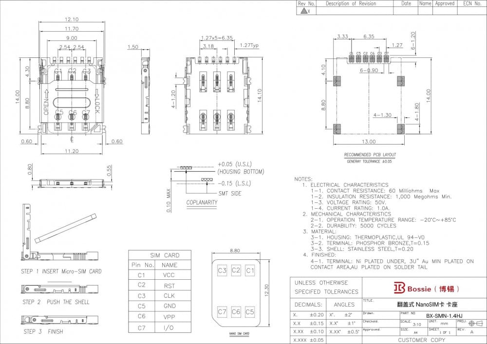 Bossie BX-SMN-1.4HJ technical drawing and specification page