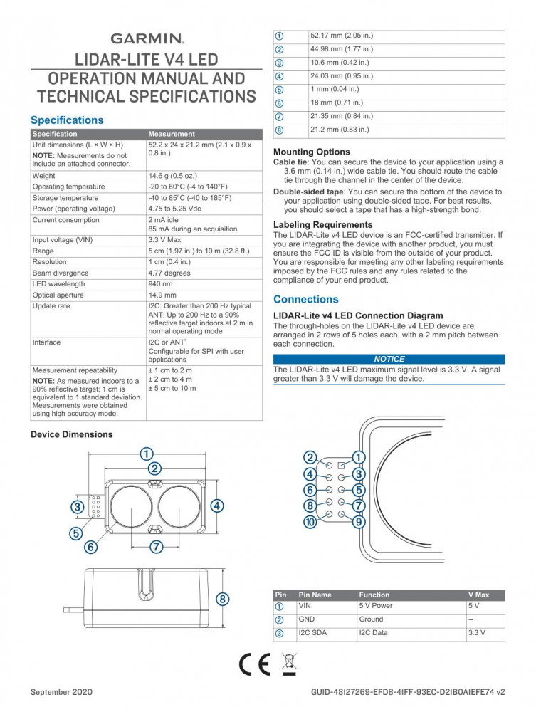 LIDAR-Lite v4 LED manual page 1