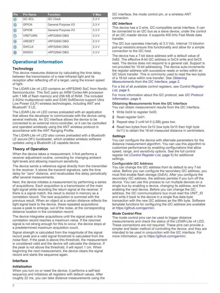 LIDAR-Lite v4 LED manual page 2