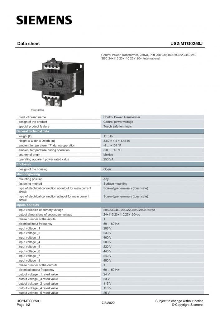 SIEMENS MTG0250J datasheet page 1