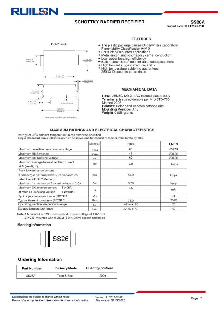 RUILON SS26A datasheet page 1