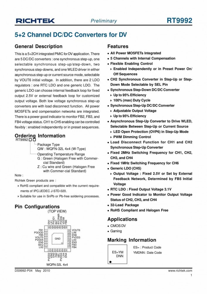 RT9992ZQW datasheet page 1