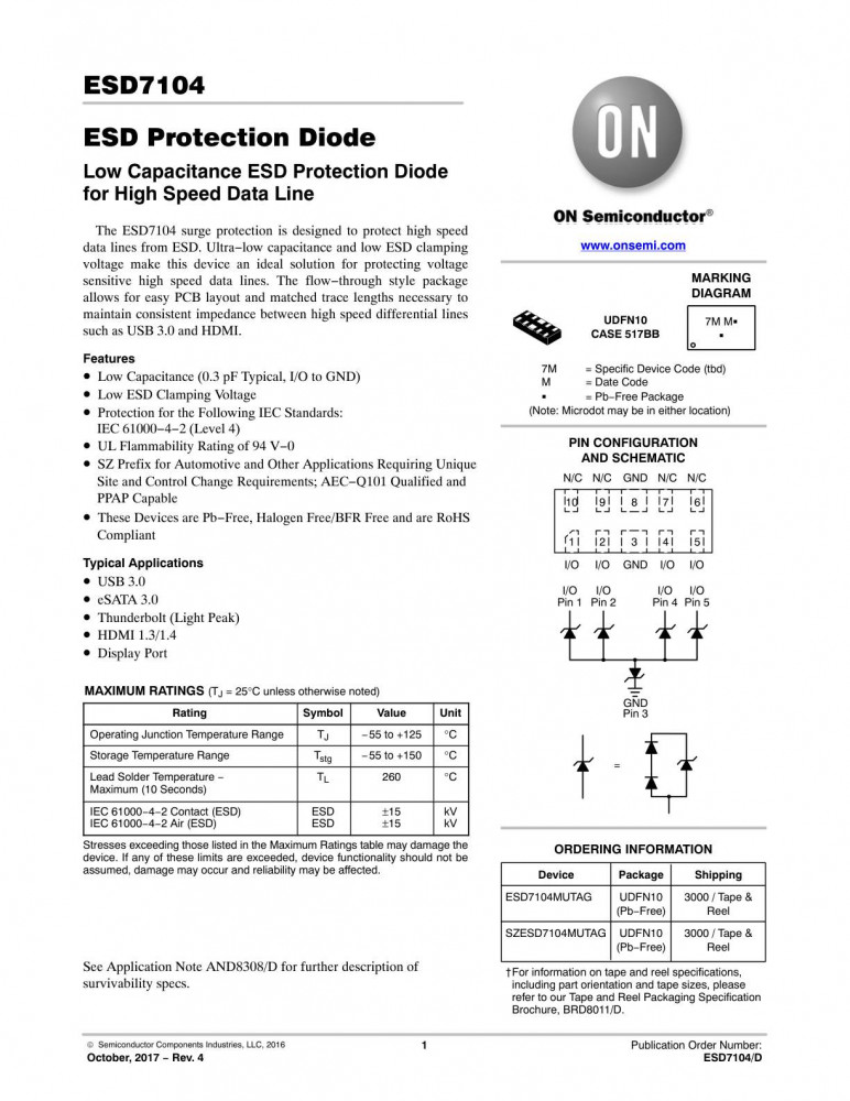 ESD7104MUTAG datasheet page 1