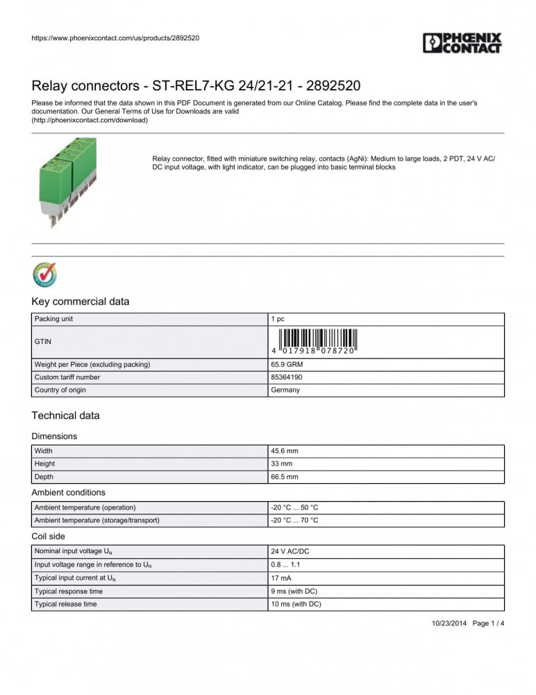 Phoenix Contact 2892520 technical document page 1
