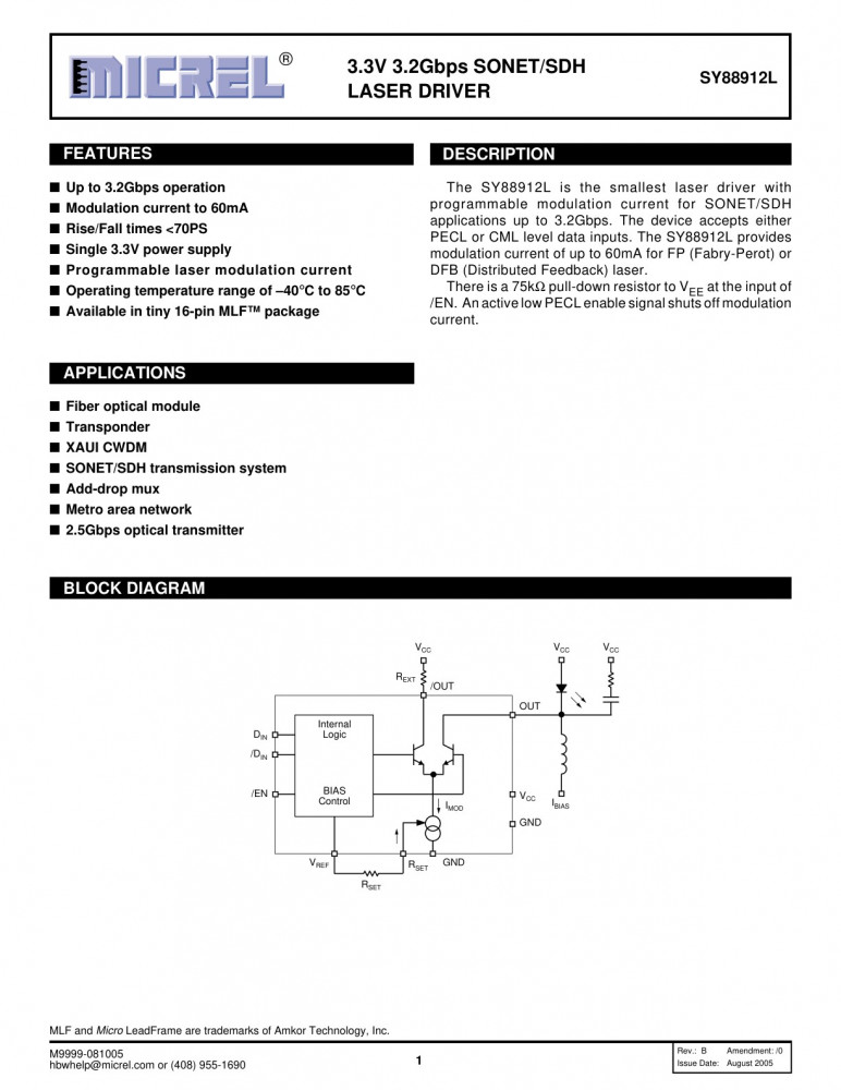 SY88912LMI-TR datasheet page 1