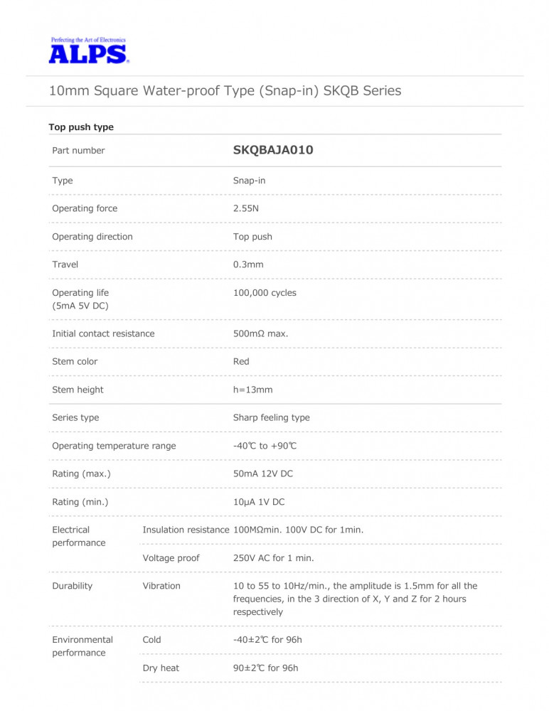 SKQBAJA010 product specification page 1