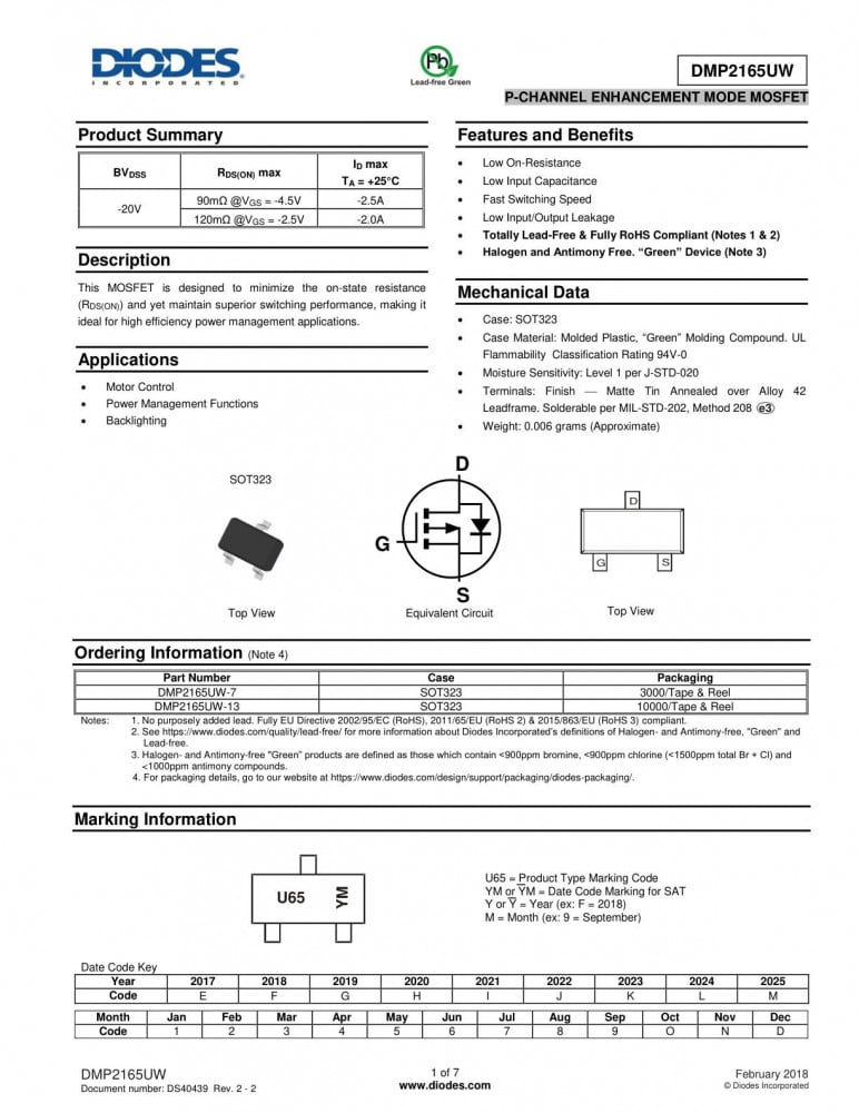 DMP2165UW-7 datasheet page 1