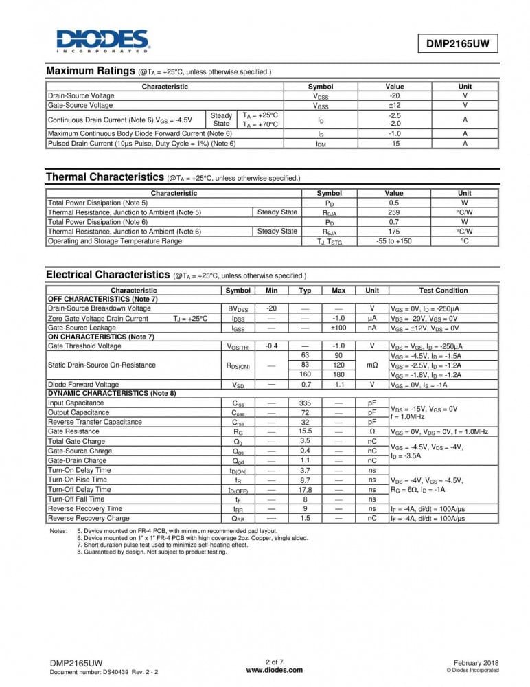 DMP2165UW-7 datasheet page 2