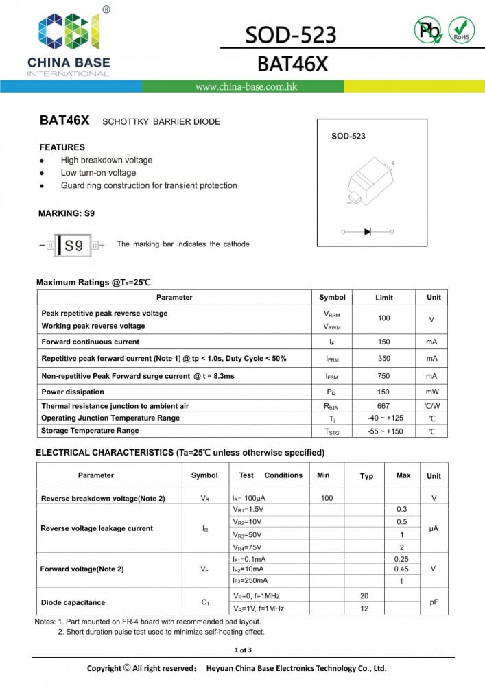 BAT46X datasheet page 1
