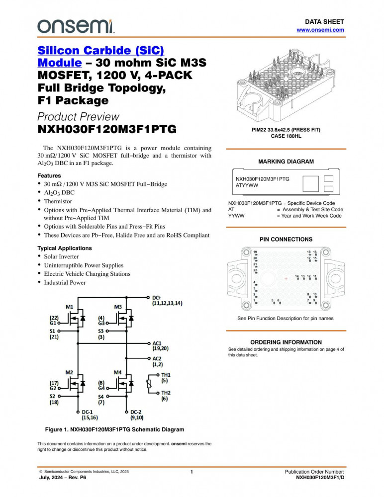 NXH030F120M3F1PTG technical document page 1
