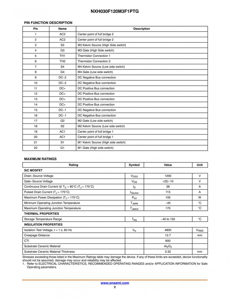 NXH030F120M3F1PTG technical document page 2