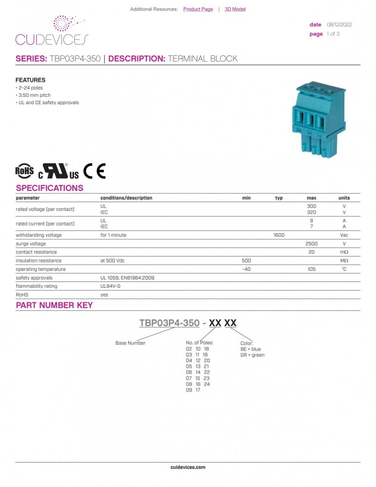CUI TBP03P4-350 series datasheet page 1