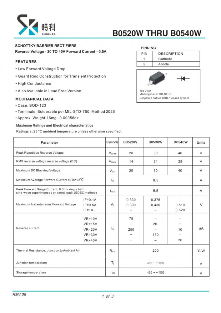 B0520W datasheet page 1