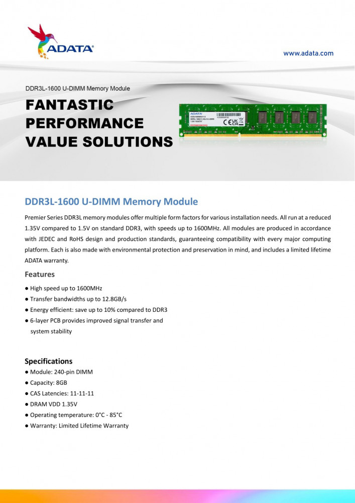 ADATA DDR3L-1600 U-DIMM product document page 1