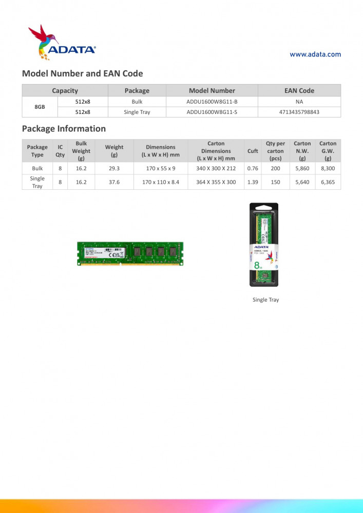 ADATA DDR3L-1600 U-DIMM product document page 2
