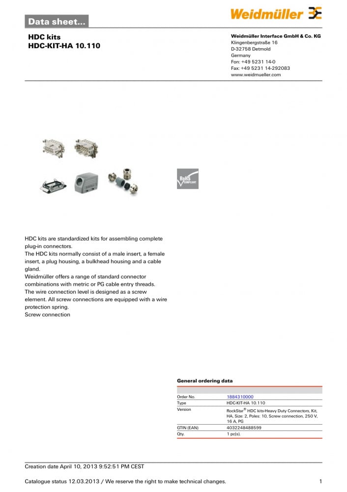 WEIDMULLER HDC-KIT-HA 10.110 technical document page 1