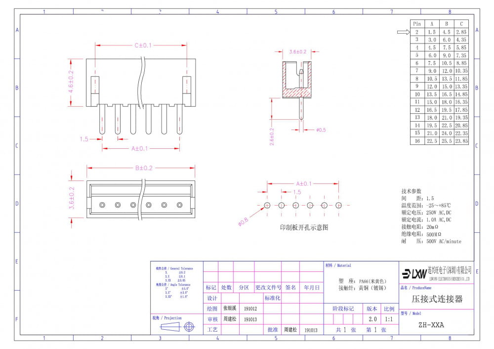 LXWCONN ZH1.5-3A technical drawing reference