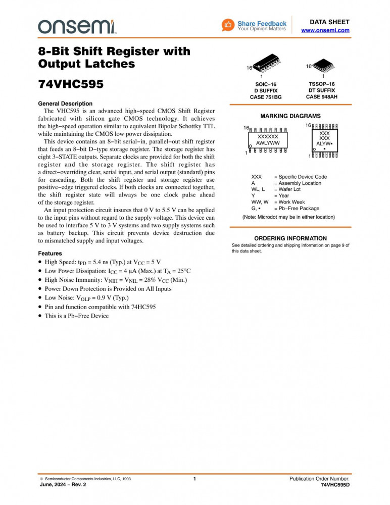 74VHC595 datasheet page 1