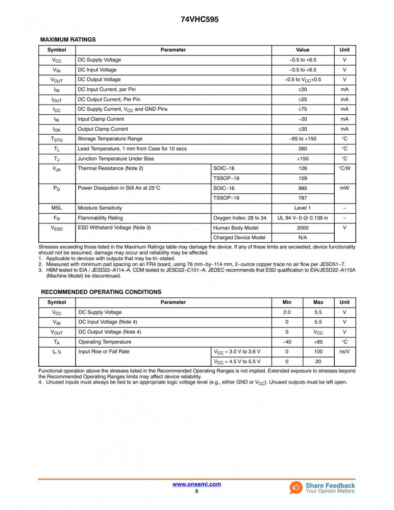 74VHC595 datasheet page 5